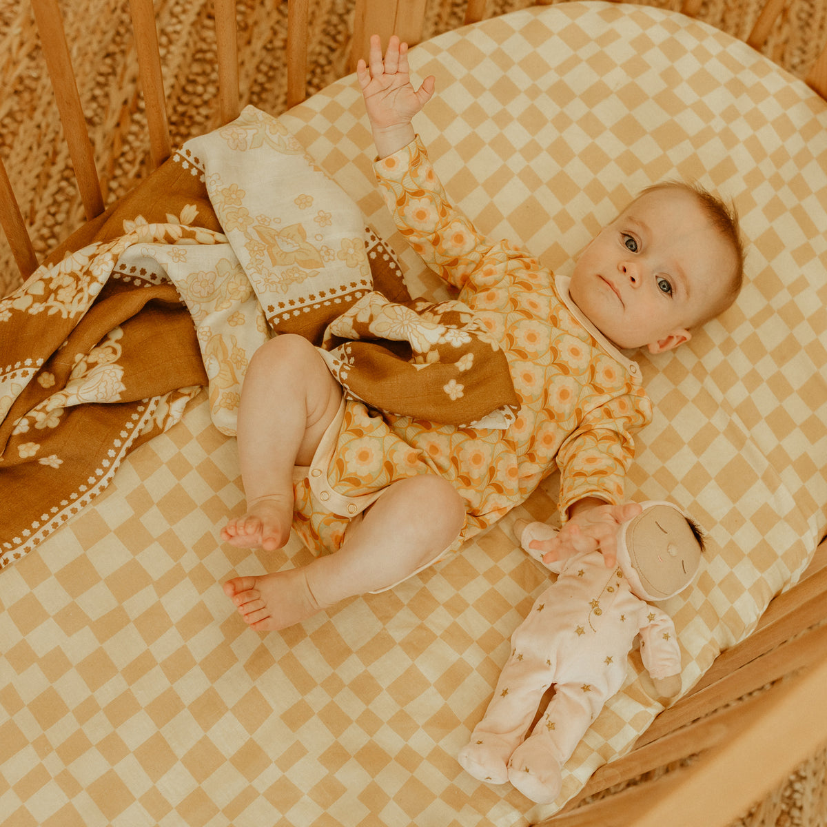 Checkers Linen Fitted Cot Sheet - Beige | Banabae