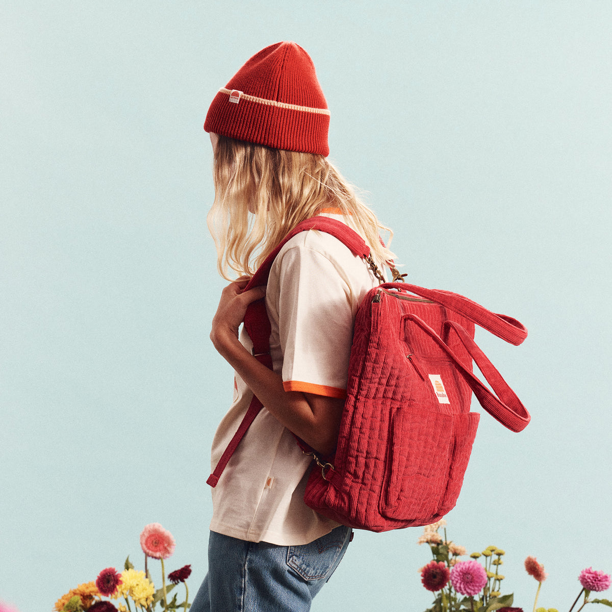 Corduroy Quilted Convertible Backpack - Cherry | Banabae