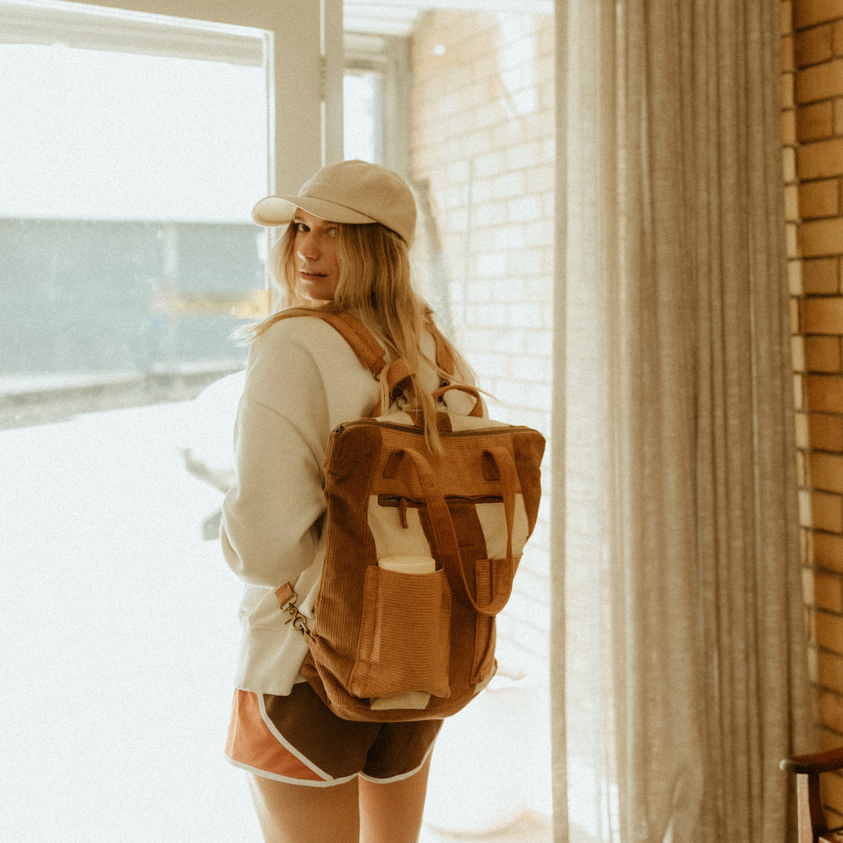Corduroy Spliced Convertible Backpack - Tan | Banabae